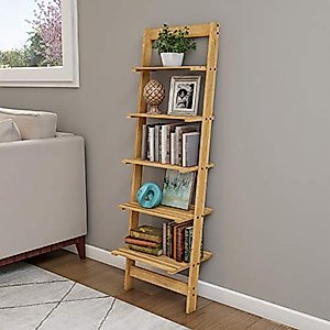 Lavish Home 5-Tier Ladder Bookshelf- Leaning Decorative Shelves, Pickled Oak Finish