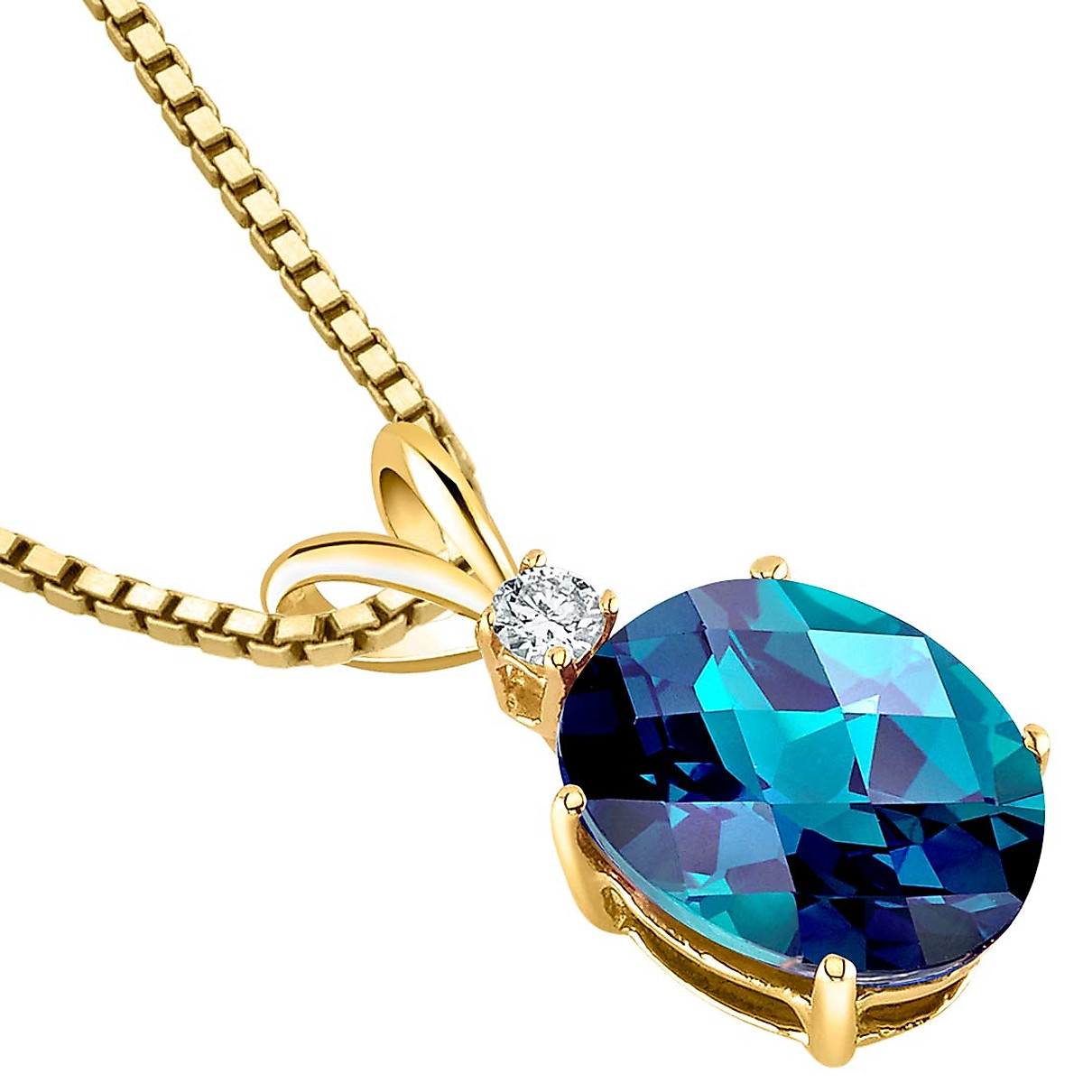 PEORA Created Alexandrite with Genuine Diamond Pendant 14K Yellow Gold, Color-Changing Solitaire, 3.30 Carats Oval Shape 10x8mm