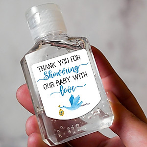 Hand Sanitizer Labels Thank You for Showering Our Little One with Love Stickers, Baby Shower Favor Party Favors Boy., Blue,1.26inches x 1.39inches