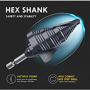 MACXCOIP UPGRADE M35 Cobalt Step Drill Bit with Ultra TiAIN Coating, 1/4" - 1-3/8" Unibit Step Bit with Double Sprial Flute, 1/4" Hex Shank Drill Bit for Metal, Stainless Steel, Aluminum, Copper, Wood