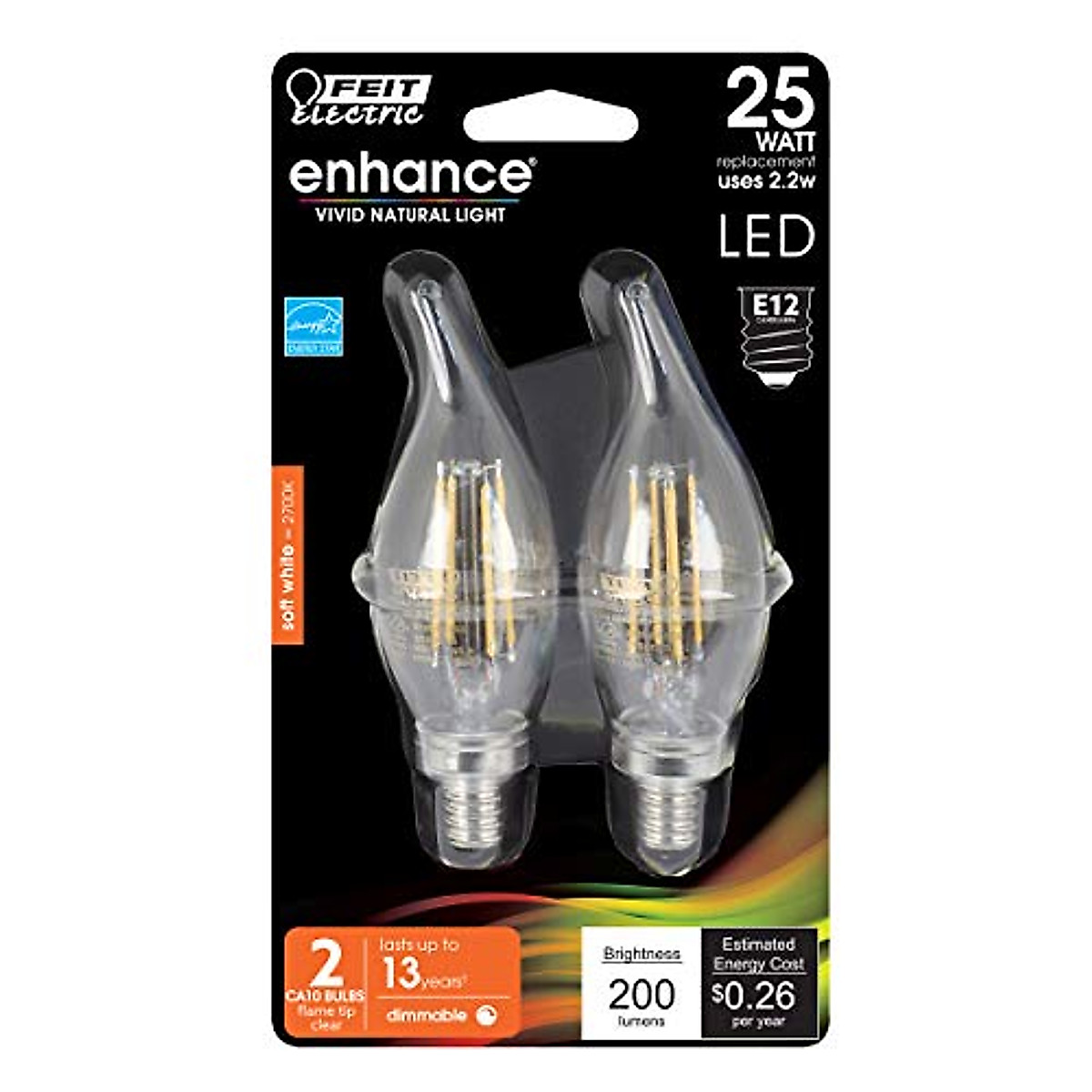Feit Electric BPCFC25/927CA/FIL/2 25W EQ DM LED Candelabra Light Bulb, 2 Bulbs