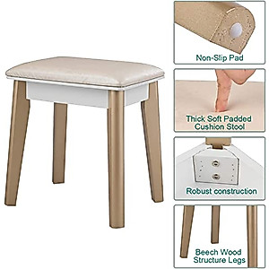 Vanity Set, Touch-Screen LED Round Mirror, Dressing Table with Cushioned Stool, 4 Storage Drawers &Spacious Desktop, 3 Adjustable Light Colors, Makeup Table and Stool Set for Women Girls, White + Gray