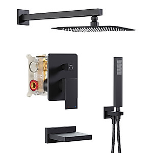 Holispa Black Shower System with Tub Spout, All Metal Tub Shower Faucet Set with 10” Rain Shower Head and Handheld Spray combo, Wall Mounted Tub Shower Systems with Valve and Trim Kit, Matte Black