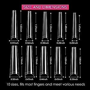 500Pcs XXL No C Curve Coffin Nail Tips for Acrylic Nails Professional Set, Clear Nail Tips Half Cover Long Fake Nails, Ballerina Shaped French Nails for Nail Salon and DIY Nail Art 10 Sizes