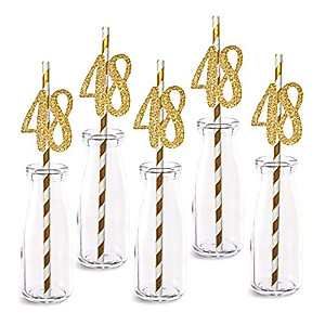 48th Birthday Paper Straw Decor, 24-Pack Real Gold Glitter Cut-Out Numbers Happy 48 Years Party Decorative Straws