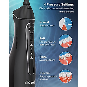 Nicwell Water Dental Flosser Pick for Teeth: 4 Modes 300ml Cordless Portable Rechargeable Oral Irrigator IPX7 Waterproof Cleaner Pik Deep Cleaning Flossing Pic Machine for Home Travel