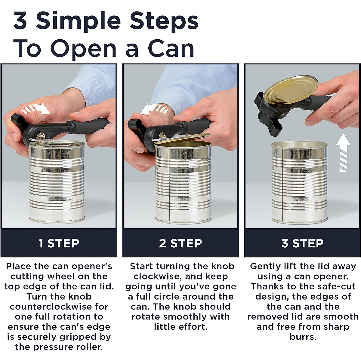 Deiss Pro Heavy Duty Can Opener Manual Smooth Edge, Handheld Can Opener With Soft Touch Handle, Rust Proof Safety Can Opener Oversized Handheld Easy Turn Knob, Best Large Lid Openers (BLACK)