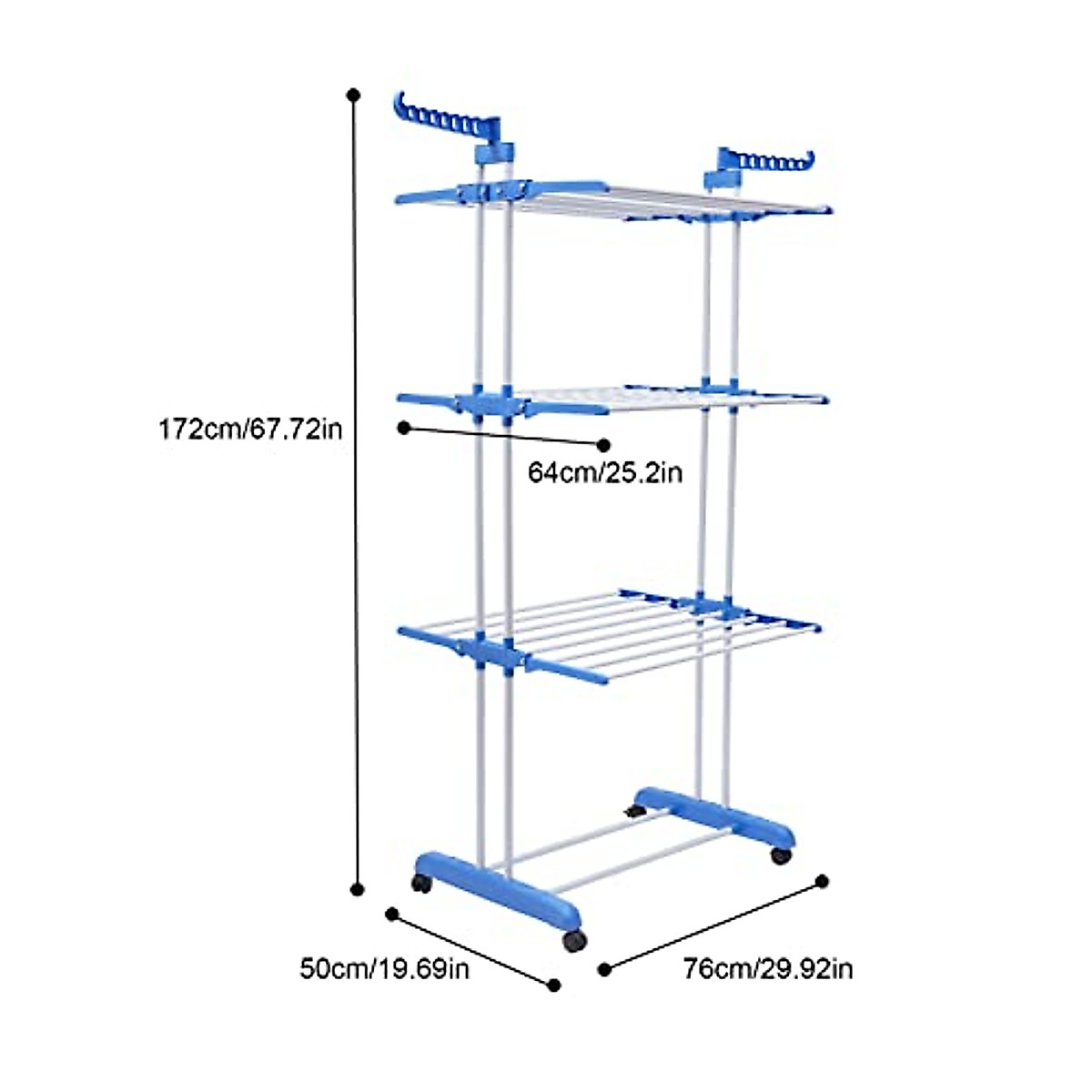 Clothes Drying Rack,Oversized 4-Tier(67.7" High) Foldable Stainless Steel Drying Rack Clothing,Movable Drying Rack With 4 Castors, 24 Drying Poles & 14 Hooks For Bed Linen, Clothing, Grey/Blue (Blue)
