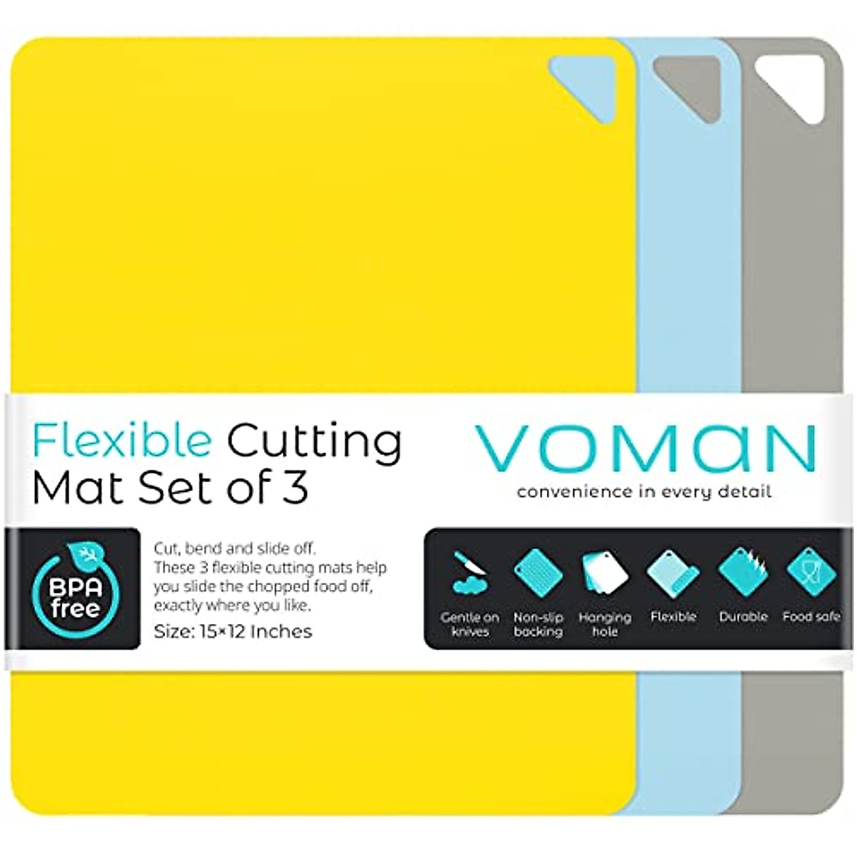 VOMAN Flexible Cutting Boards for Kitchen | Set of 3 | BPA-Free Cutting Mats for Cooking, Color Coded Cutting Board Mats | Non Slip Cutting Sheets | Plastic Cutting Board Set | Chopping Boards