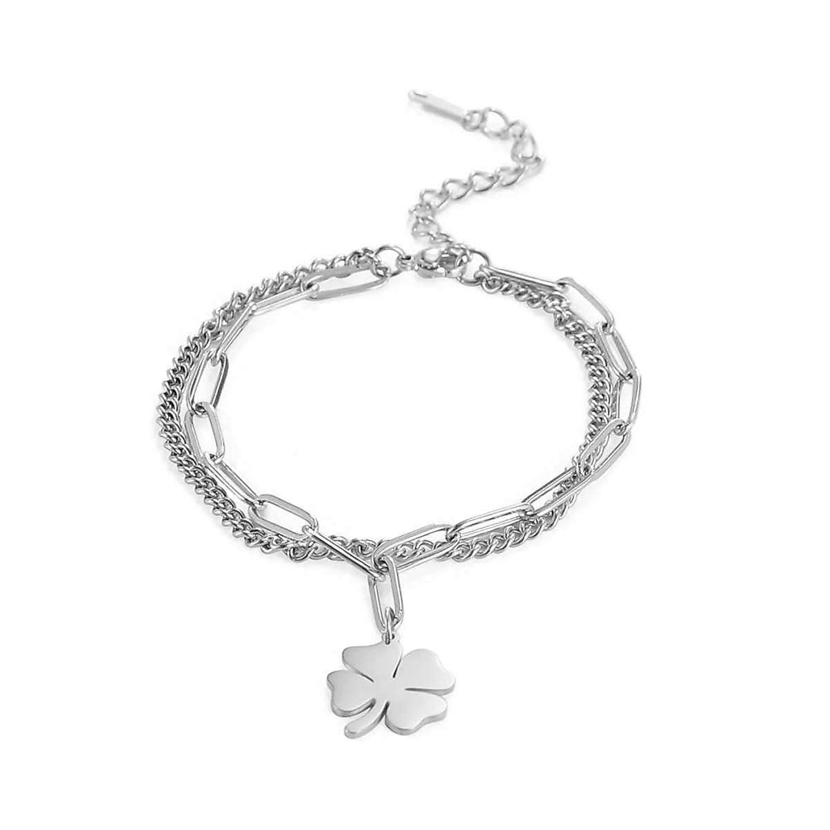 LIKGREAT 4 Leaf Clover Bracelet Double Chains Lucky Love Symbol Four Leaf Clover Charm Bracelet for Women(Silver Tone)