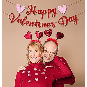 CAVLA Red Glittery Happy Valentine's Day Banner and Red Pink Glittery Hearts Banner Valentine's Day Banner Garland with Heart Signs Valentines Day Party Decorations for Valentines Wedding Anniversary Engagement Party Supplies