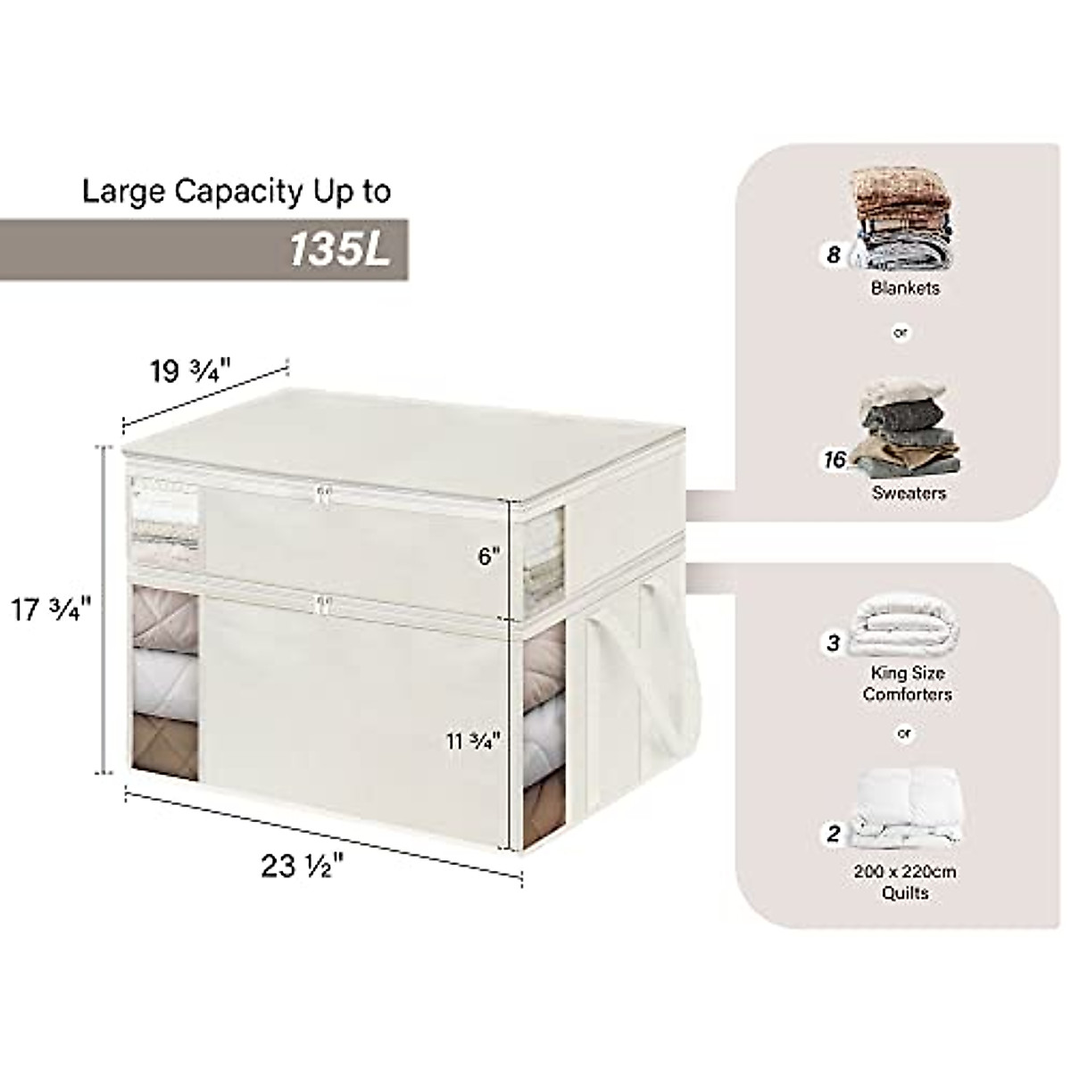 StorageWorks 135L Large Storage Bags, Storage Containers for Clothes, Blanket Storage Bags with Dual Zipper, Clear Window Storage Bins, Beige, 2-Pack