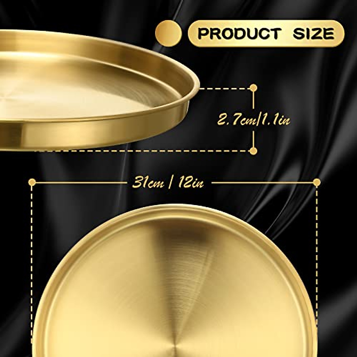 3 Pieces Gold Round Serving Tray Stainless Steel Round Coffee Table Tray Circle Decorative Tray Decorative Vanity Tray Jewelry Makeup Organizer for Bathroom Candle Perfume Countertop Kitchen (12 Inch)