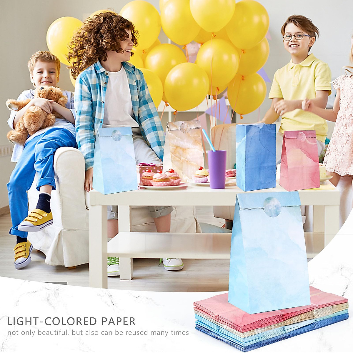 JOHOUSE 54PCS Paper Goodie Bags with Stickers, Colorful Marbleized Treat Bags Party Favor Bags Birthday Gift Bags Party Accessories for Kids Birthday Party