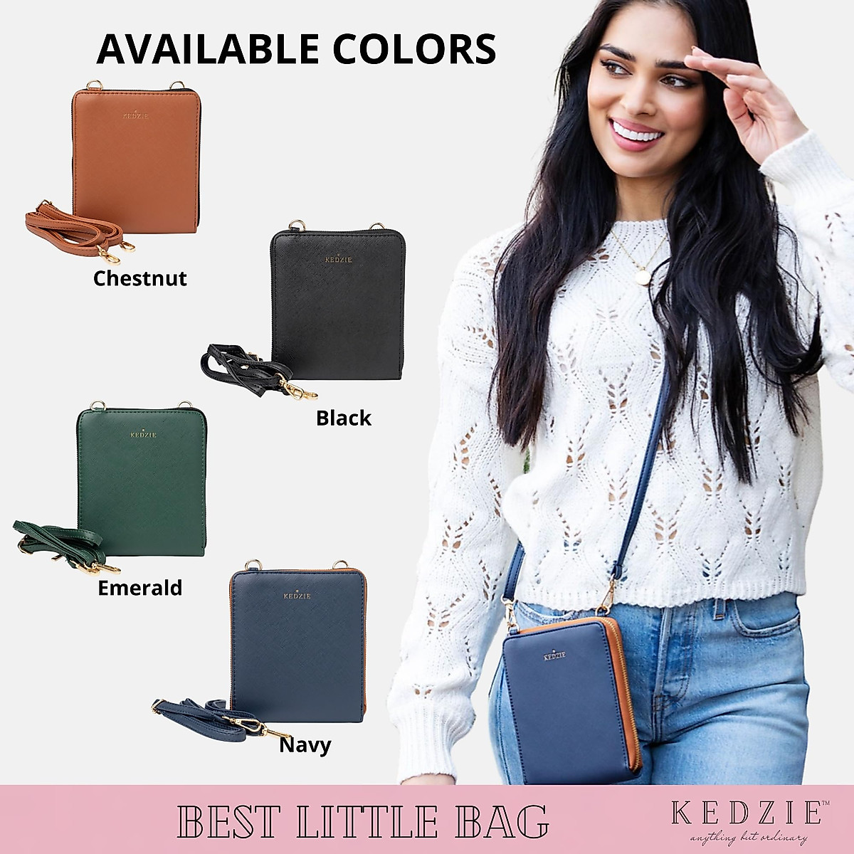 KEDZIE Best Little Bag in Saffiano Vegan Leather Crossbody Bag For Women With Removable Adjustable Strap - Chestnut