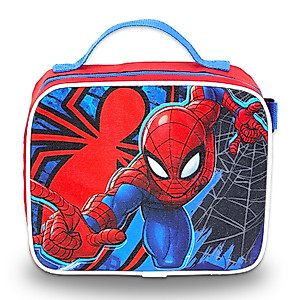 Marvel Spiderman Backpack With Lunch Box ~ 5 Pc Bundle With 15" Spiderman School Bag For Boys, Girls, Kids, Lunch Bag, Stickers, And More (Spiderman School Supplies)