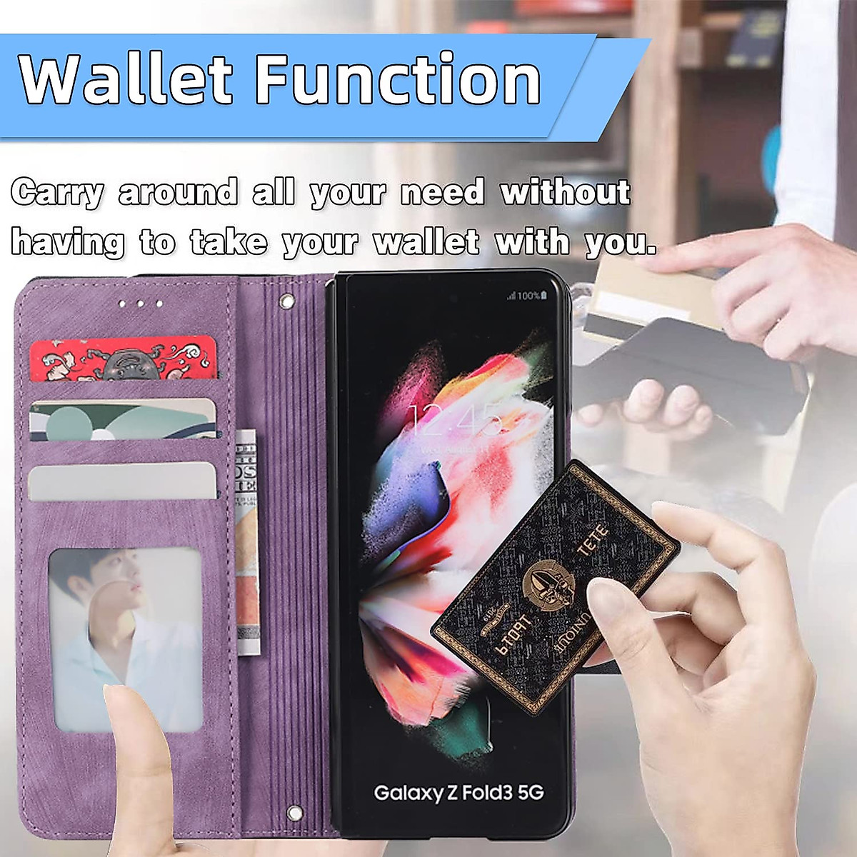 Simicoo Samsung Z Fold 5 PU Leather Flip Wallet Case with 2 Card Slots Pencil Holder Samsung Z Fold 5 Case with Folding Kickstand Strong Magnetic Full Cover Wallet Case (Purple)