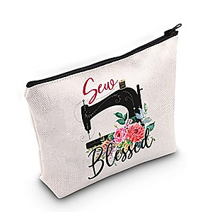 LEVLO Sewing Machine Cosmetic Make Up Bag Quilter Inspired Gifts Sew Blessed Makeup Zipper Pouch Bag For Seamstress (Sew Blessed)