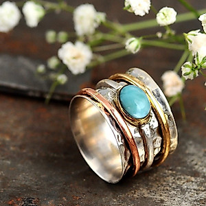 Boho-Magic 925 Sterling Silver Spinner Larimar Ring for Women with Copper and Brass Fidget Rings Bands (9)