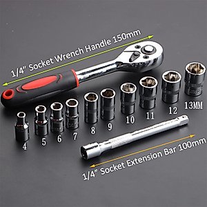 LSLANSOON 1/4” Ratchet Socket Wrench Set, Mechanic Tool Kit and Sockets Set with Quick Release Reversible Ratchet Handle and Extension Bar, 12 Pcs Set