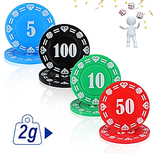 Jerify 200 Pcs Poker Chip Set Numbers Printed Plastic Poker Chips with Denominations Blue Green Red Black Game Chips Clear Poker Chip Holder Poker Chip Tray for Adults Home Play Party Game, 2 Boxes