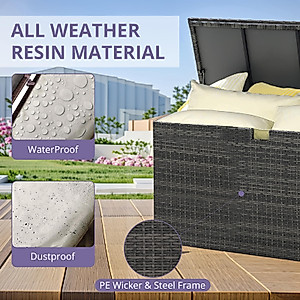 IULULU 120 Gallon Waterproof Wicker Deck Box with Aluminum Frame and Hinged Lid, All-Weather Outdoor Storage Container for Patio Furniture Cushions, Garden Tools and Pool Toys, Grey