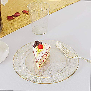 WELLIFE 24 Pack Plastic Gold Glitter Serving Tray with Disposable Utensils, 6 Rectangle Platter 15” x 10”, 6 Serving Spoons 10”, 6 Serving Forks 10”, 6 Serving Tongs 6.3”, Perfect for Buffet & Partie