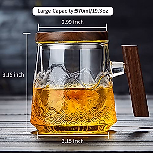 DOPUDO GLORIETTE Glass Teacup with Infuser and Lid, 570ml/19oz Large 3-Piece Glass Tea Mug with Embossing Landscape Pattern, Big Tea Cup with Wood Handle for Loose Leaf Tea