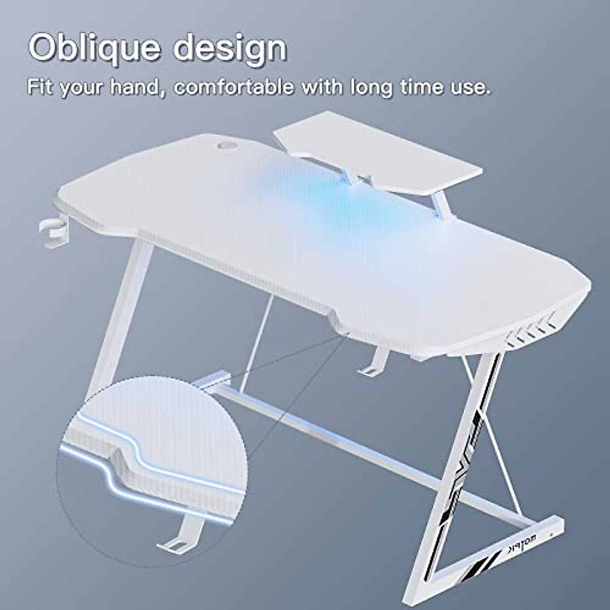 MOTPK White Gaming Desk with LED Lights, Gaming Table Desk 47 inch Z Shaped, Gamer Desk Ergonomic Sturdy, Kids Computer Desk with Monitor Stand Cup Holder and Headphone Hook, Black, Gift Idea