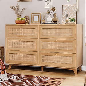 VIAGDO Rattan Dresser for Bedroom, 6 Drawer Dresser with Natural Rattan Drawers, Wooden Wide Dresser with Gold Handles, Modern Closet Dressers Chest of Drawers for Nursery Entryway Living Room
