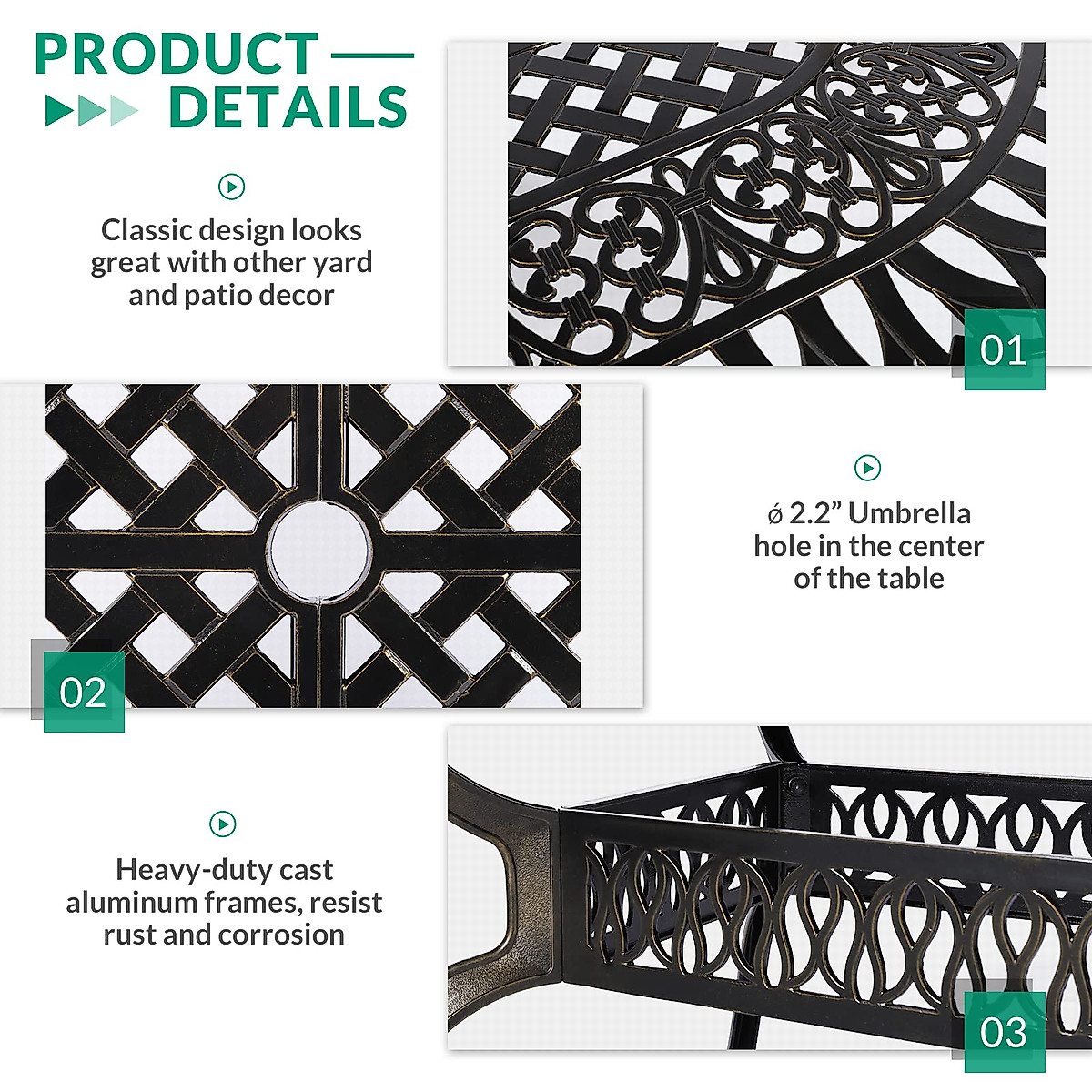 VIVIJASON 9-Piece Outdoor Furniture Dining Set, All-Weather Cast Aluminum Patio Conversation Set, Include 8 Cushioned Chairs and an Oval Table with Umbrella Hole for Balcony Lawn Garden Backyard