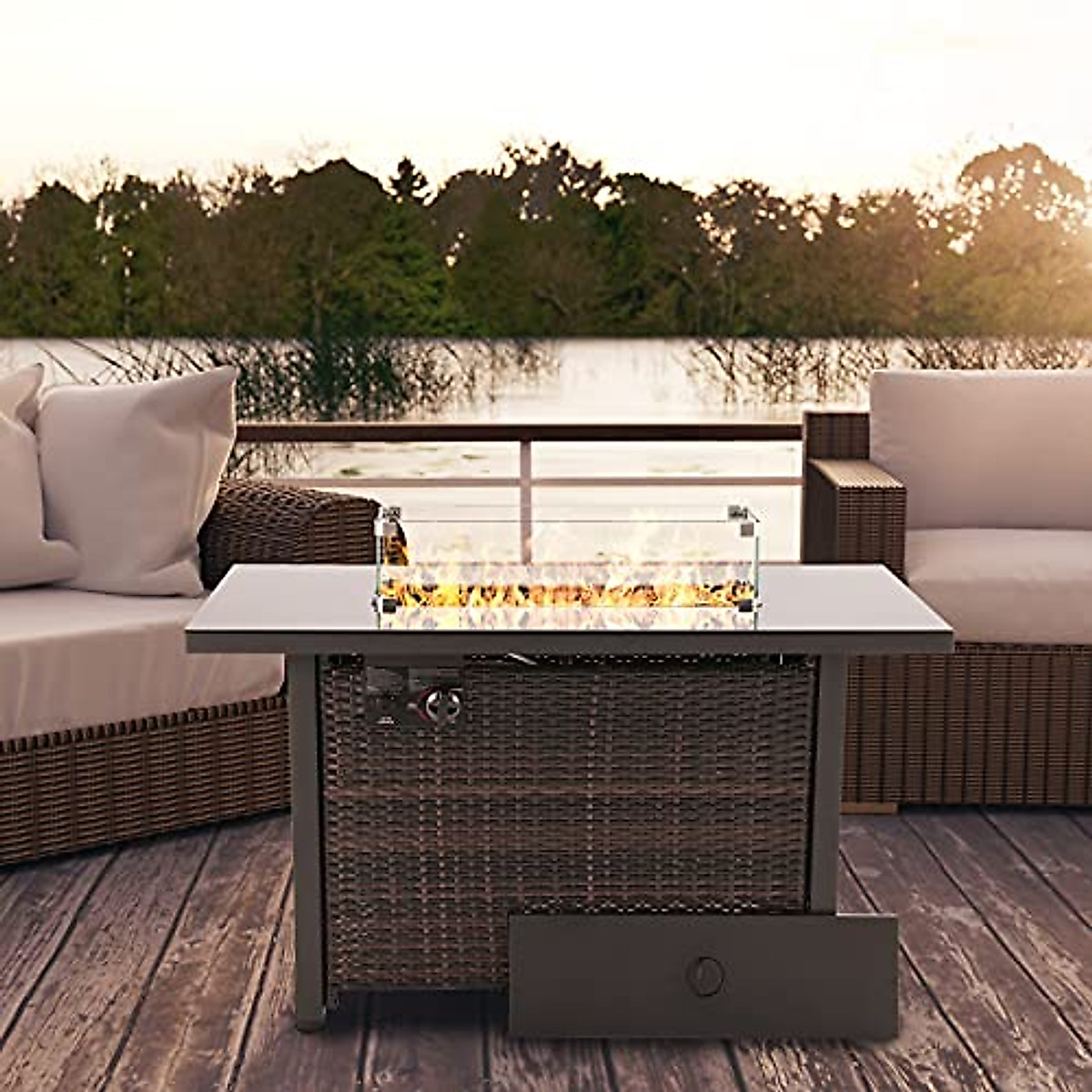 43 in Propane Gas Fire Pit Table, 50,000 BTU Auto-Ignition PE Wicker Gas Fire Pit Table with Glass Wind Guard, Waterproof Cover, CAS Certified for Courtyard Terrace Gardens.