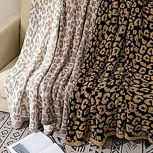 bearberry Fuzzy Leopard Knitted Throw Blanket Soft Cozy Warm Microfiber Blanket for Couch Sofa Bed Travel (Stone/Cream, 50"x60")