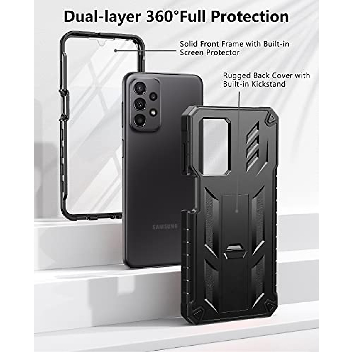 FNTCASE for Samsung Galaxy A23 5G Case: Heavy Duty Rugged Military Grade Shockproof TPU Full Protective Shell with Kickstand Durable A23 4G LTE Phonecase Cell Phone Cover Black