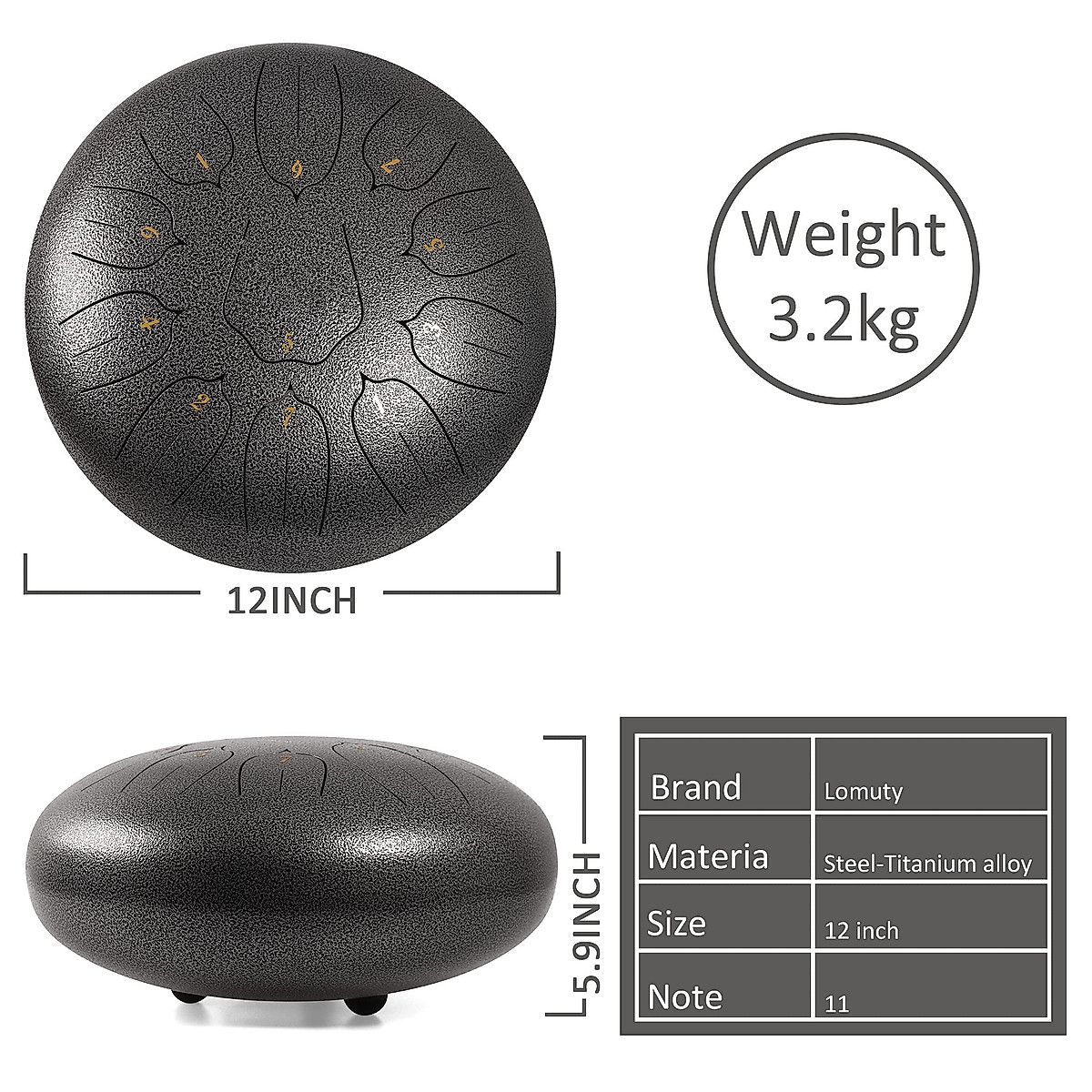 LOMUTY Steel Tongue Drum - Percussion Instrument -Handpan Drum with Bag, Music Book, Mallets, Finger Picks