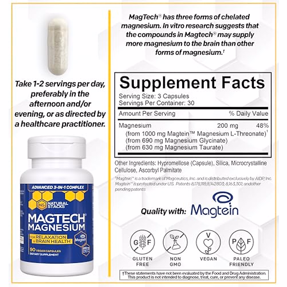 MagTech Magnesium Supplement - 3 Forms of Magnesium: Magtein L-Threonate, Glycinate & Taurate - 200mg Chelated Magnesium Complex - Supports Relaxation & Brain Health - 90 Capsules