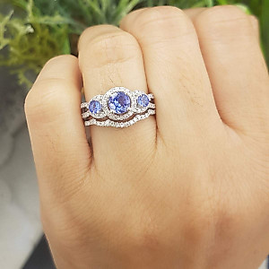 Dazzlingrock Collection Round Tanzanite & White Diamond Ladies 3 Stone Halo Wedding Ring Set 14K White Gold, Size 6