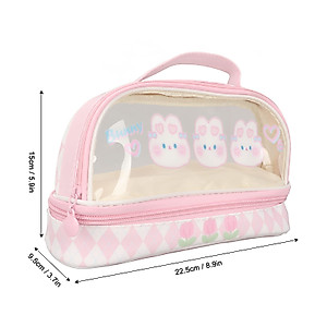 Mokernali Cute Rabbit Pen Bag, Rabbit Pattern Double Layer Pen Bag, Waterproof Transparent Kawaii Pencil Case Pink Cosmetic Bag with Handle