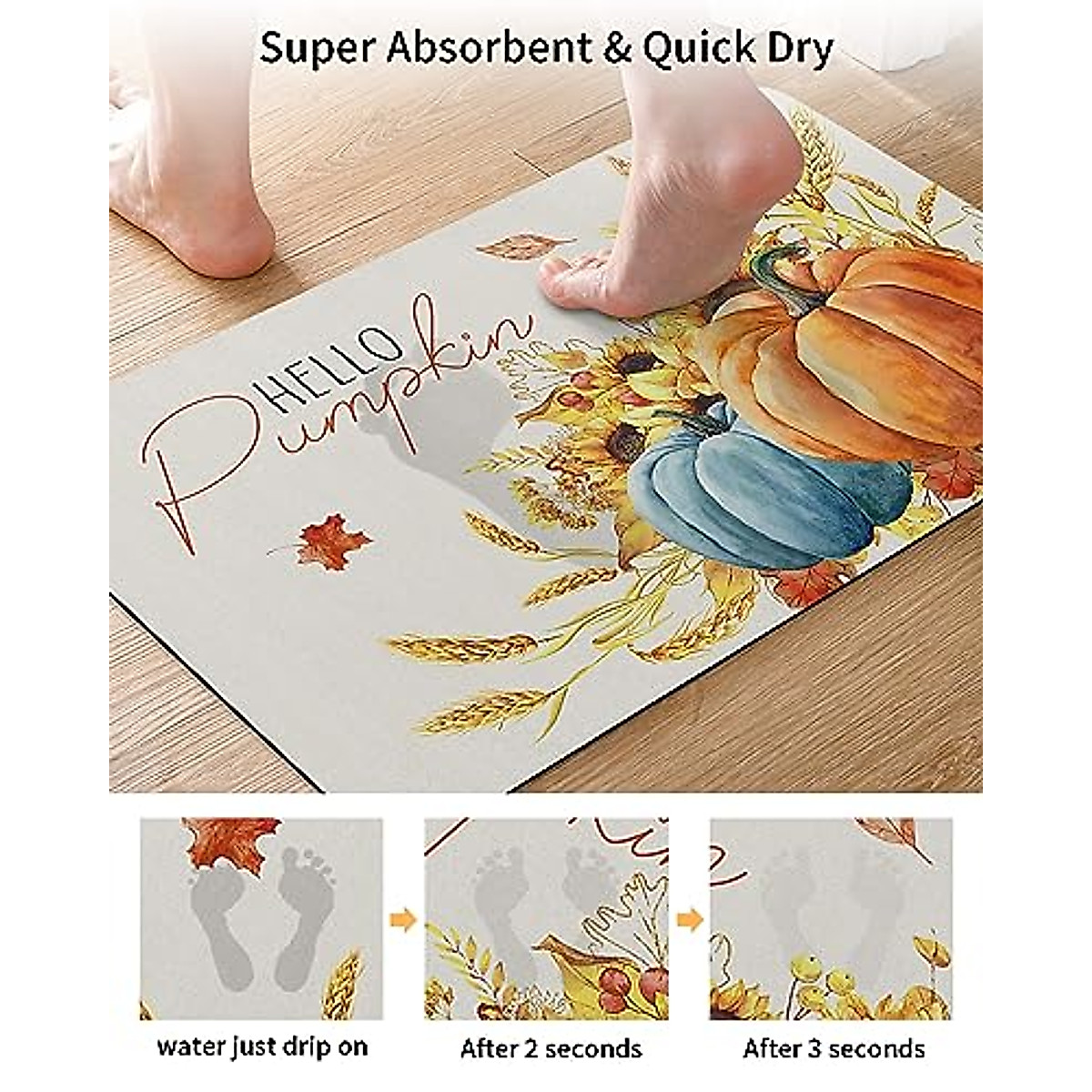 Bathroom Floor Shower Mat, Non-Slip Small Rugs - Easy to Clean, Fall Thanksgiving Pumpkins Sunflowers Wheat Maple Leaves Durable Bath Rug 16"x24" Washable Quick Dry Mats for Bathtubs