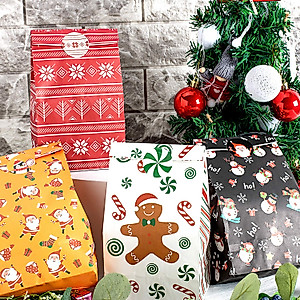 Whaline 60 Pack Christmas Goody Bags Holiday Design Gift Treat Bags with 60pcs Xmas Gift Tag Stickers for Classrooms, Party Favors and Birthdays