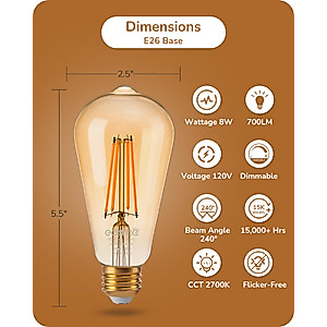 EDISHINE 6 Pack Vintage LED Edison Bulbs 8W Equivalent 60W, ST64 Dimmable Led Light Bulbs, 700LM 2200K Amber Warm Light E26, Decorative Antique LED Filament Bulbs for Home and Commercial, UL Listed