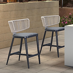 PURPLE LEAF Outdoor Counter Height Stools Set of 2 Patio All-Weather Rattan Bar Chairs Modern Aluminum Cushioned Barstools with Back for Balcony Garden Kitchen Indoor, Grey