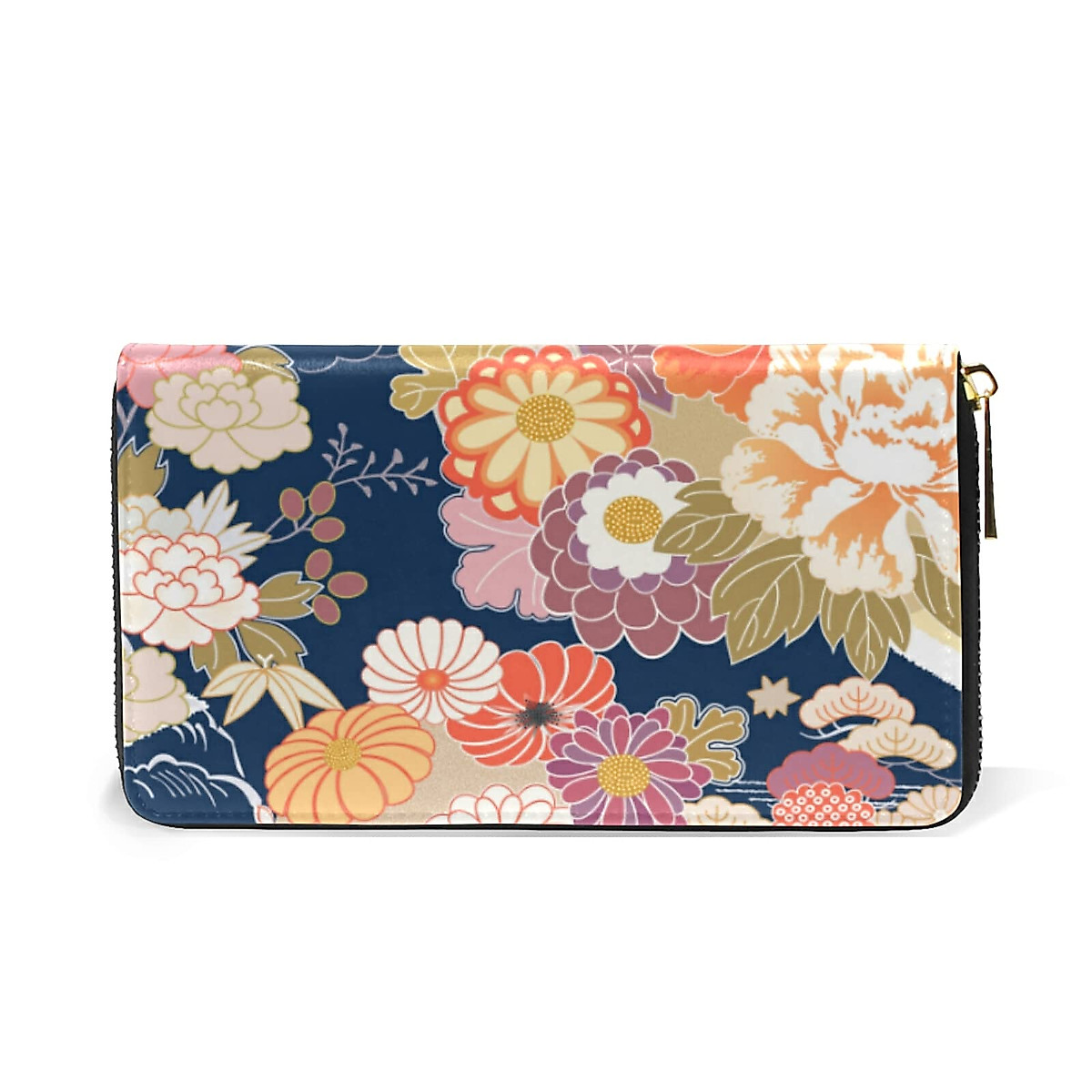 Traditional Kimono Pattern Asian Japanese Chinese Floral Flowers Leather Long Wallet Organizer with Zipper Purse Clutch Bag for Women Men Key Card Coin Passport Checkbook