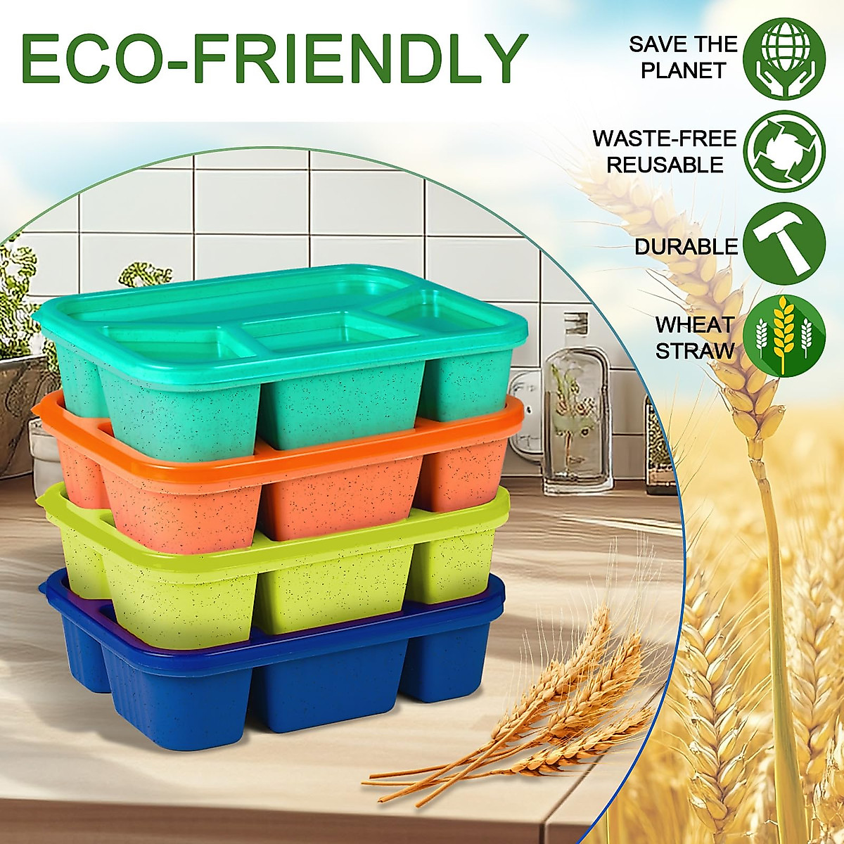 BIEOFFEI 4 Pack Bento Box Lunch Boxes for Adults, 4 Compartment Meal Prep Containers with Lids, Reusable Bento Box Snack Containers for Work, Travel, Picnic, Microwave & Dishwasher Safe