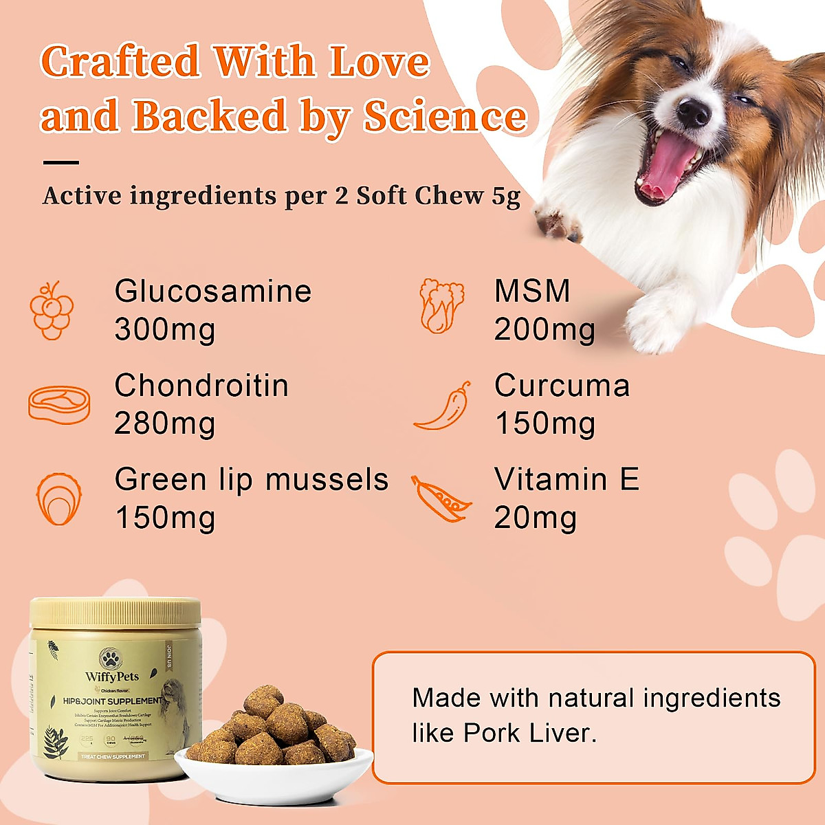 Wiffypets Hip and Joint Supplement Dogs with Glucasamine for Dogs, Hip Pain Relief for Small, Medium and Large Breed, Hip and Joint Chews for Dog MSM, Chondroitin 90 Count, Chicken Flavor