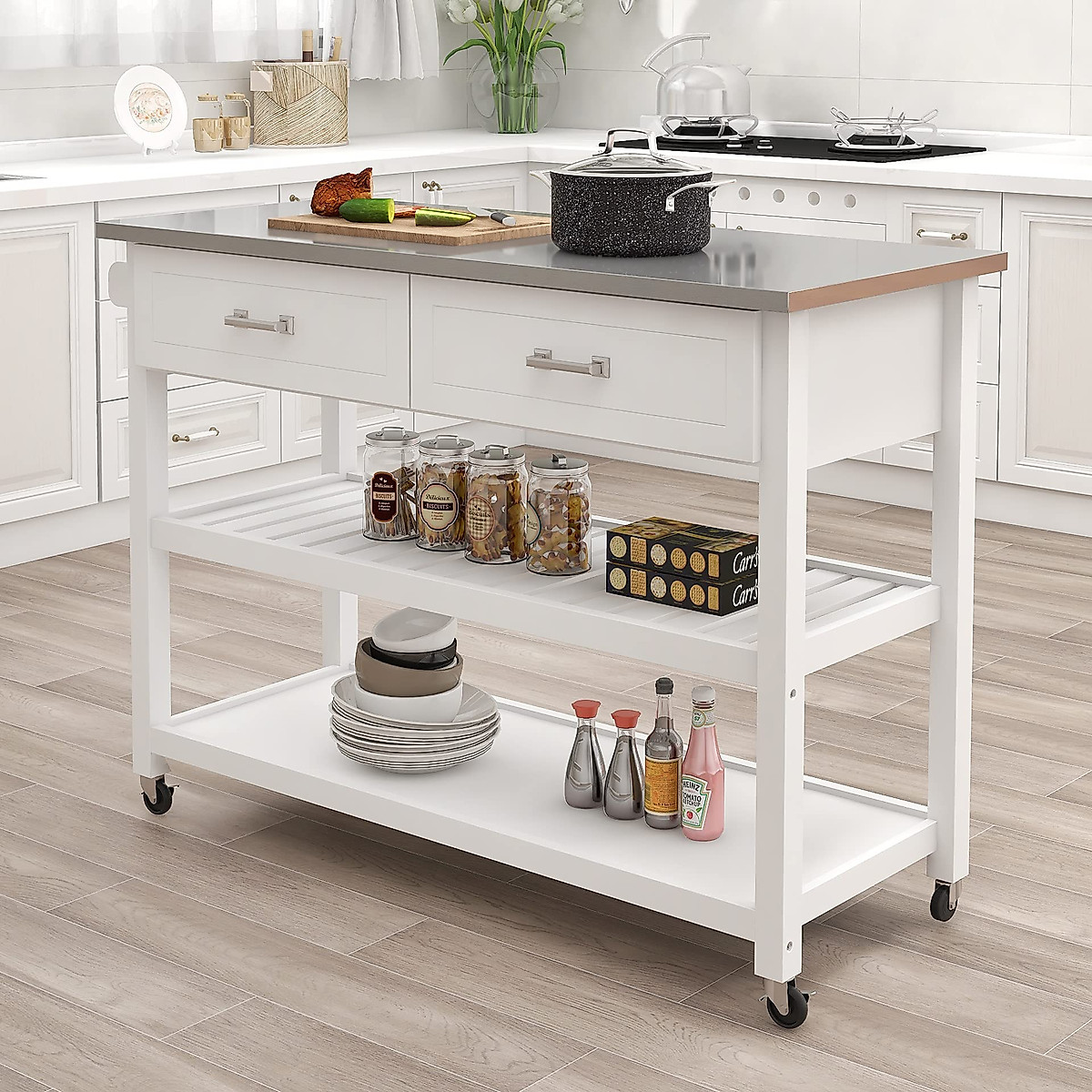 RASOO Kitchen Island White Stainless Steel Top Kitchen Cart On Wheels with 2 Drawers and Storage Shelves, 47.24"x19.68"x35.82"(LxWxH