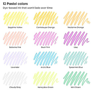 ARTEZA Felt Tip Pens, Set of 12 Pastel Brush Tip Calligraphy Pens for Note Taking, Sketching, Cross-Hatching, and Outlining, Dye-Based Ink, Smear-Free