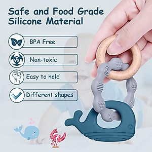 Vicloon Baby Teether Toys, Silicone & Natural Wood Teether Ring, Baby Teething Toys for Babies 3 Months+, Silicone Chewable Rings for Newborn Gift（Blue）
