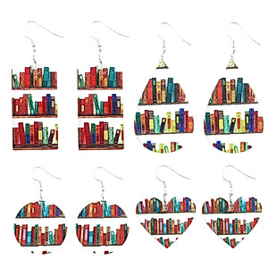 4 Pairs Bookcase Earrings for Women,Graduation Gift for Schoolmates Friends and Teacher,Teachers'Day Gift