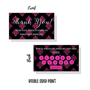 Jewelry Loyalty Cards | 50 Pk of Cards| Thank You Notes Black and Pink Fleur | 5 Bling Buy 12 Get One Piece of Jewelry Free